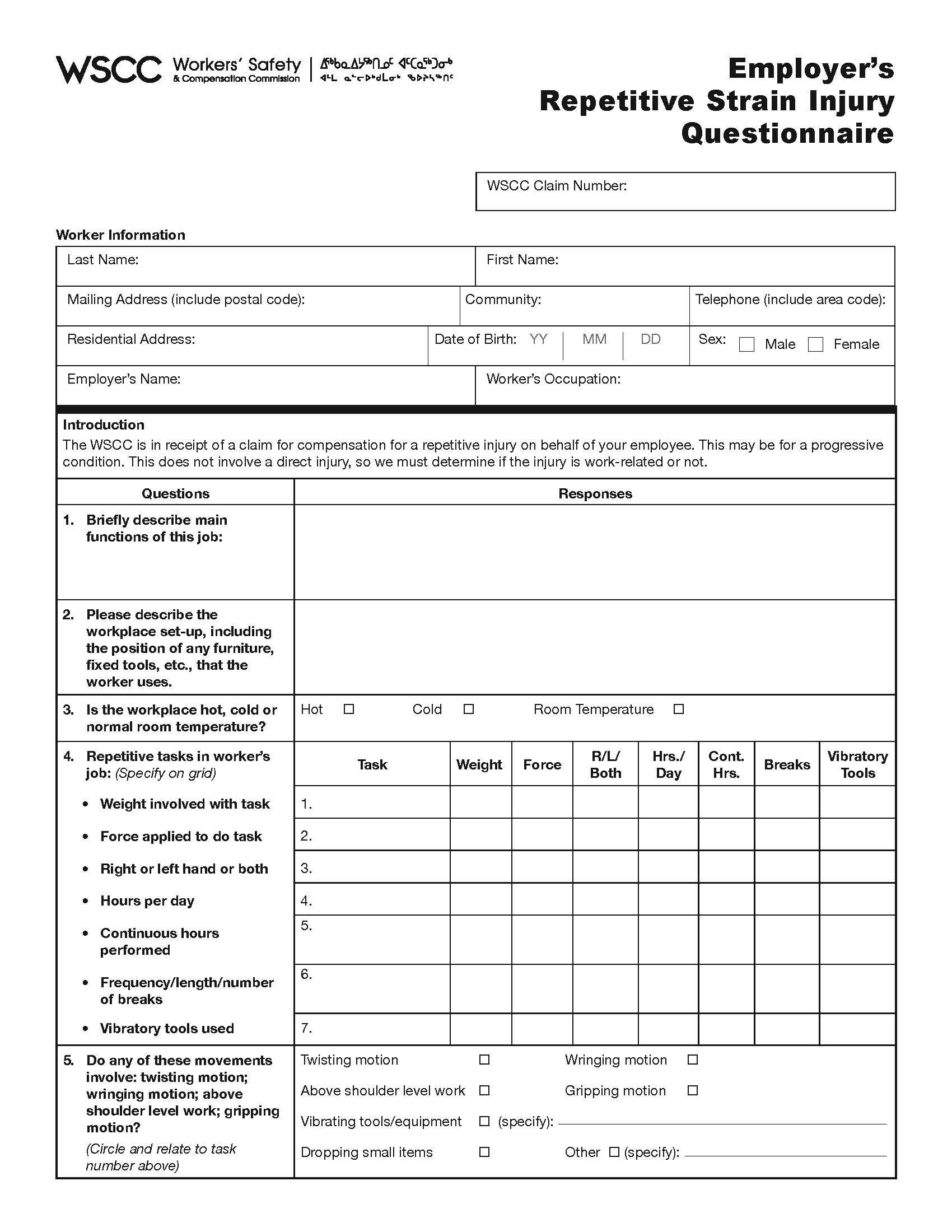 Employer's Repetitive Strain Questionnaire | WSCC | Workers' Safety and Compensation Commission